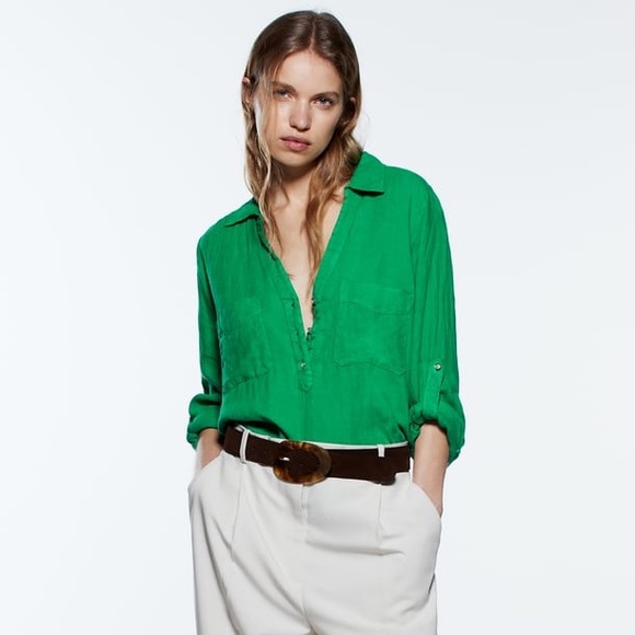 Zara | Tops | Zara Kelly Green Linen Coastal Grandma Popover Shirt New ...